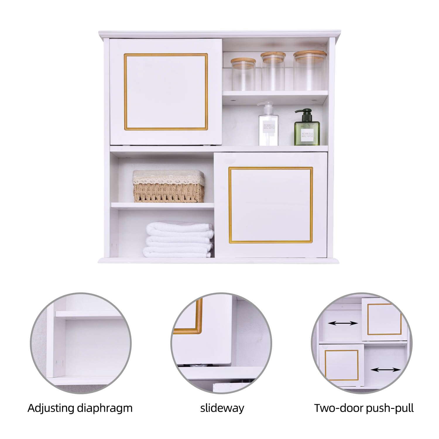 Ceredeme Wall Storage Cabinet, Bathroom Medicine Cabinets with Sliding Door and Adjustable Shelves, Wood Fashion Cabinet for Bathroom, Kitchen, Living Room, White