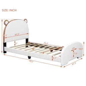 Harper & Bright Designs Twin Size Upholstered Platform Bed Frame with Bear-Shaped Headboard and Footboard for Boys Girls Kids Toddler,Brown+White (White5)