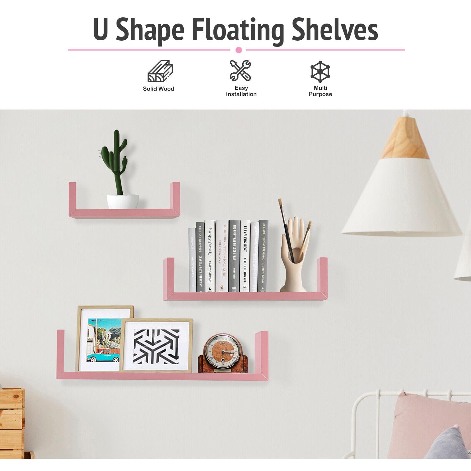 hawkrise Set of 3 U Shaped Floating Float Wall Mount Shelf Shelves Display for Small Objects Collectibles Trophies Photo Potted Plants Book (Pink)