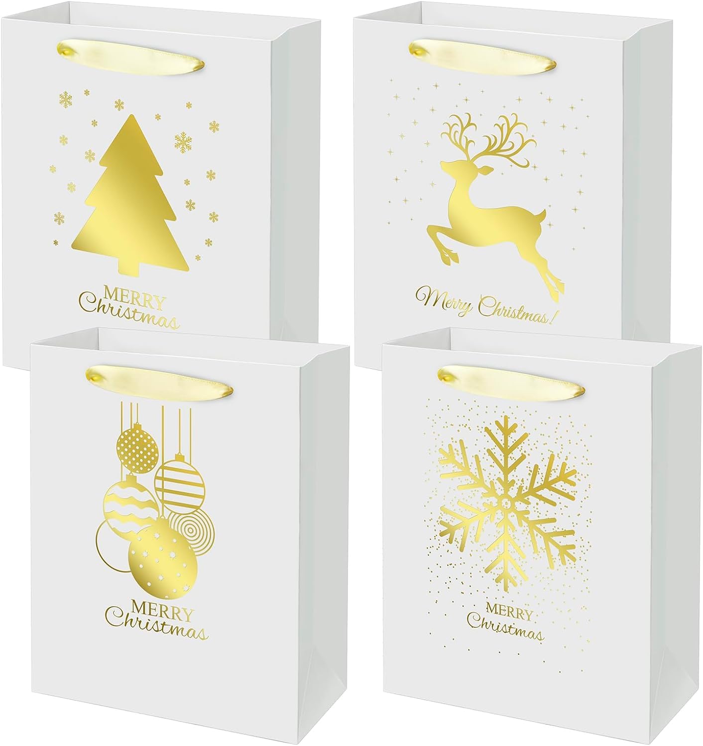 12 PCS Christmas Holiday Foil Gold Gift Bags,4 Designs,Perfect for Christmas Thanksgiving New Year Party Favor,White Winter Prints,Holiday and New Year Party