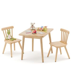 curipeer windsor kids table and 2 chair set, rubberwood toddler table and chair set for art, play, craft, activity, children table with non-slip legs/round edge design, natural wood