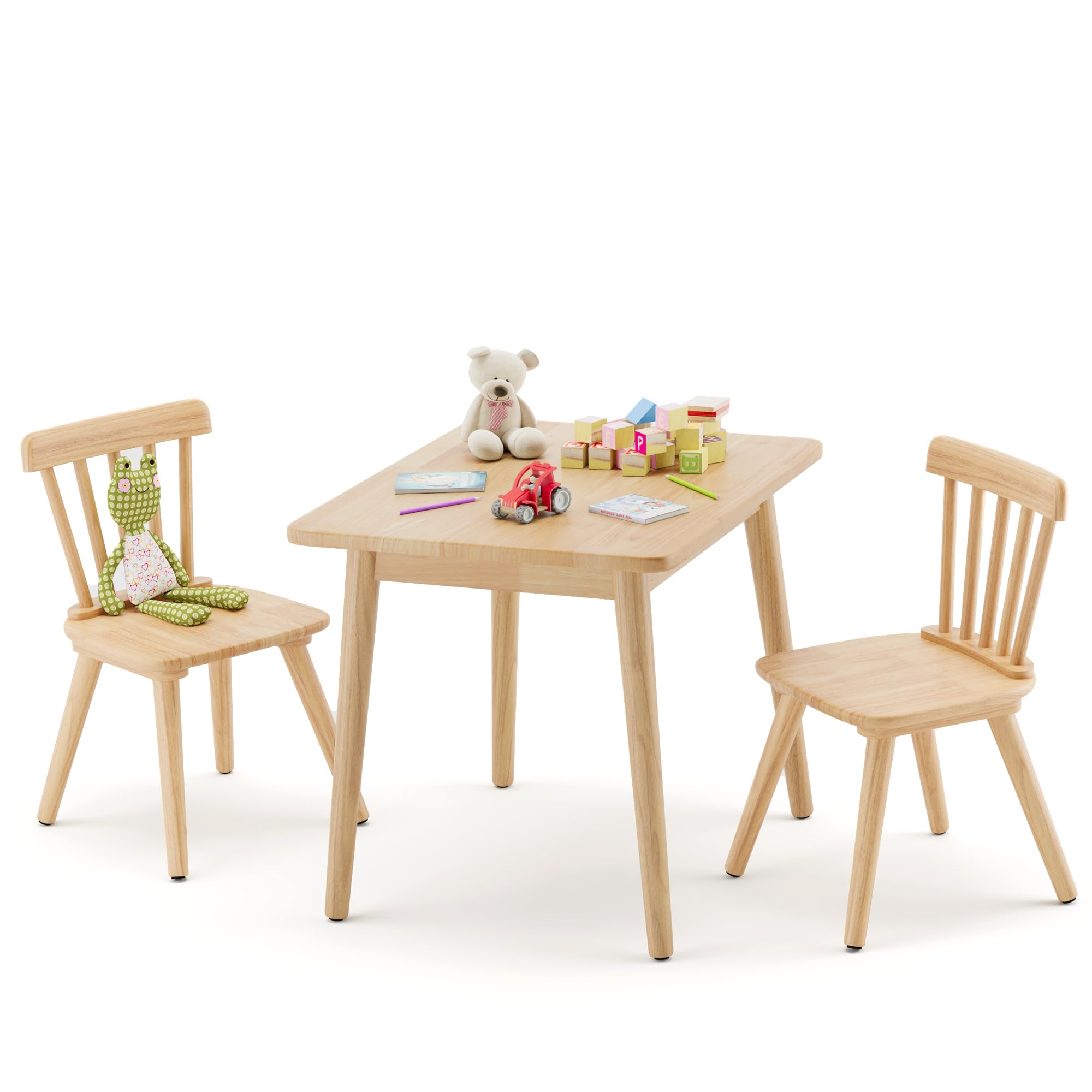 Curipeer Windsor Kids Table and 2 Chair Set, Rubberwood Toddler Table and Chair Set for Art, Play, Craft, Activity, Children Table with Non-Slip Legs/Round Edge Design, Natural Wood