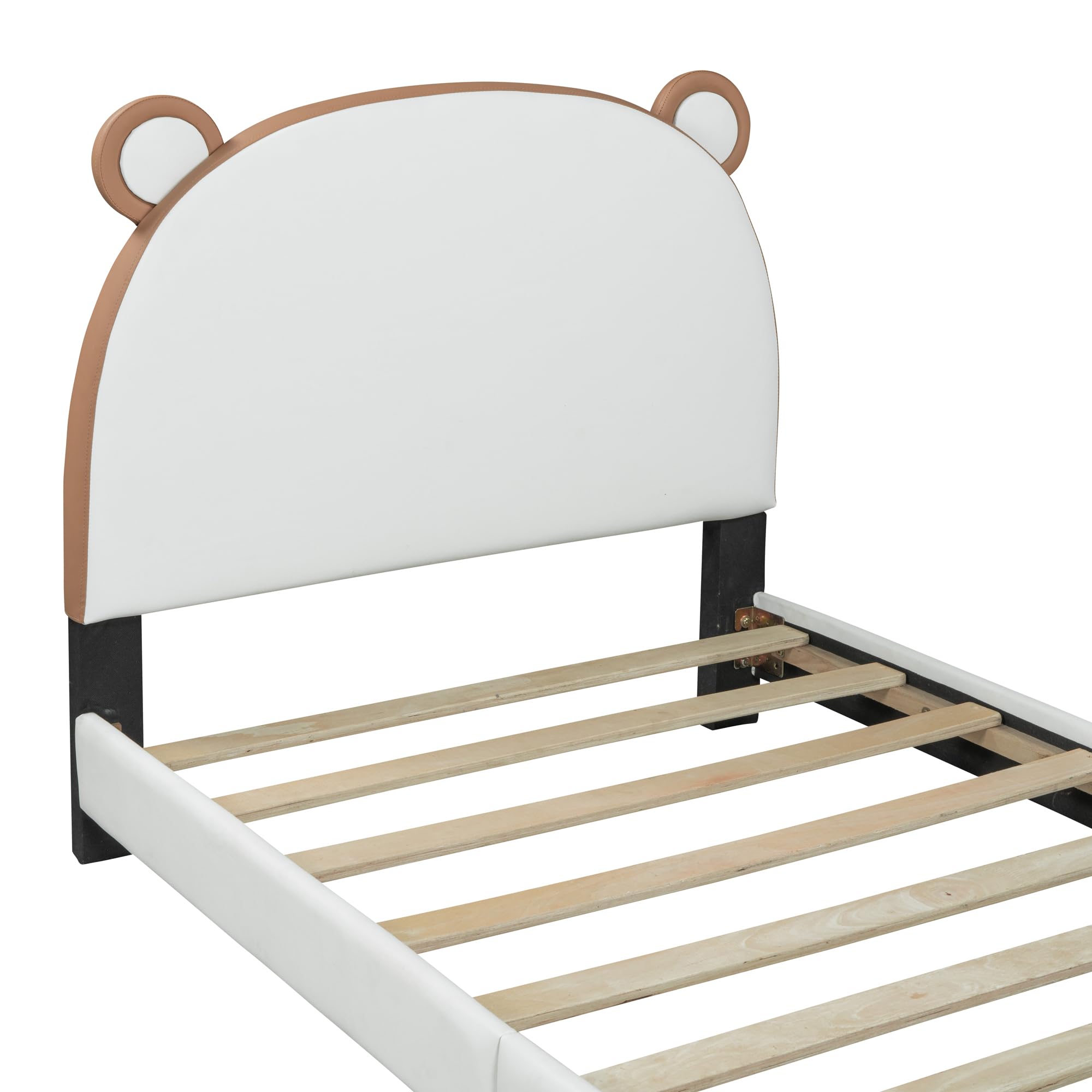 Harper & Bright Designs Twin Size Upholstered Platform Bed Frame with Bear-Shaped Headboard and Footboard for Boys Girls Kids Toddler,Brown+White (White5)