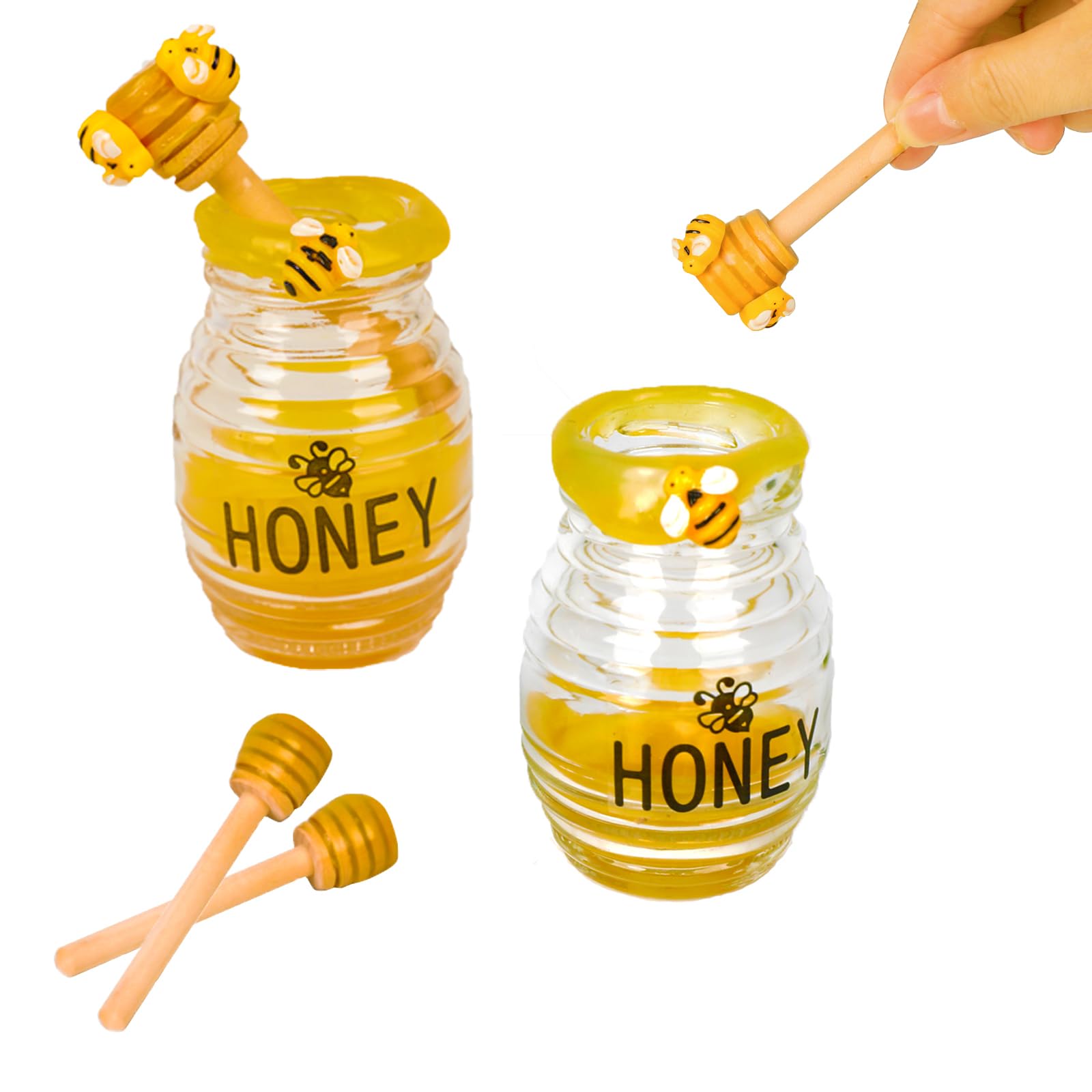 Bee Tiered Tray Decor Fake Honey Pot with Bees and Dippers For Home Birthday Holiday Party Dessert Display Decoration (2 fake Honey Pots +4 wooden Honey Dippers)