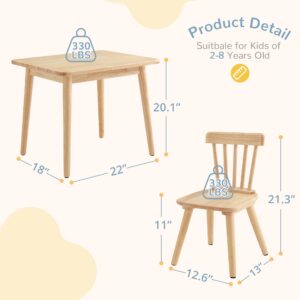 Curipeer Windsor Kids Table and 2 Chair Set, Rubberwood Toddler Table and Chair Set for Art, Play, Craft, Activity, Children Table with Non-Slip Legs/Round Edge Design, Natural Wood