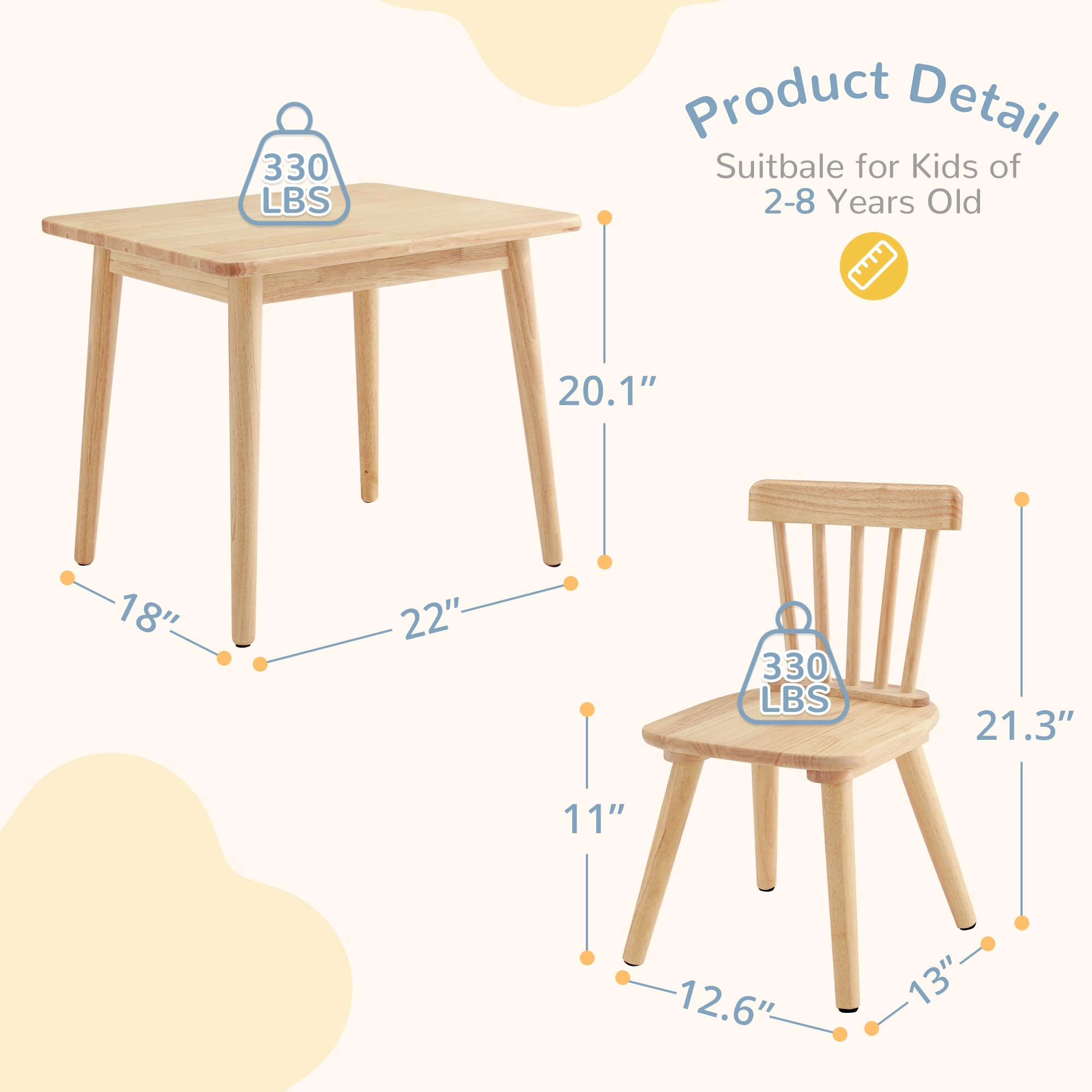 Curipeer Windsor Kids Table and 2 Chair Set, Rubberwood Toddler Table and Chair Set for Art, Play, Craft, Activity, Children Table with Non-Slip Legs/Round Edge Design, Natural Wood