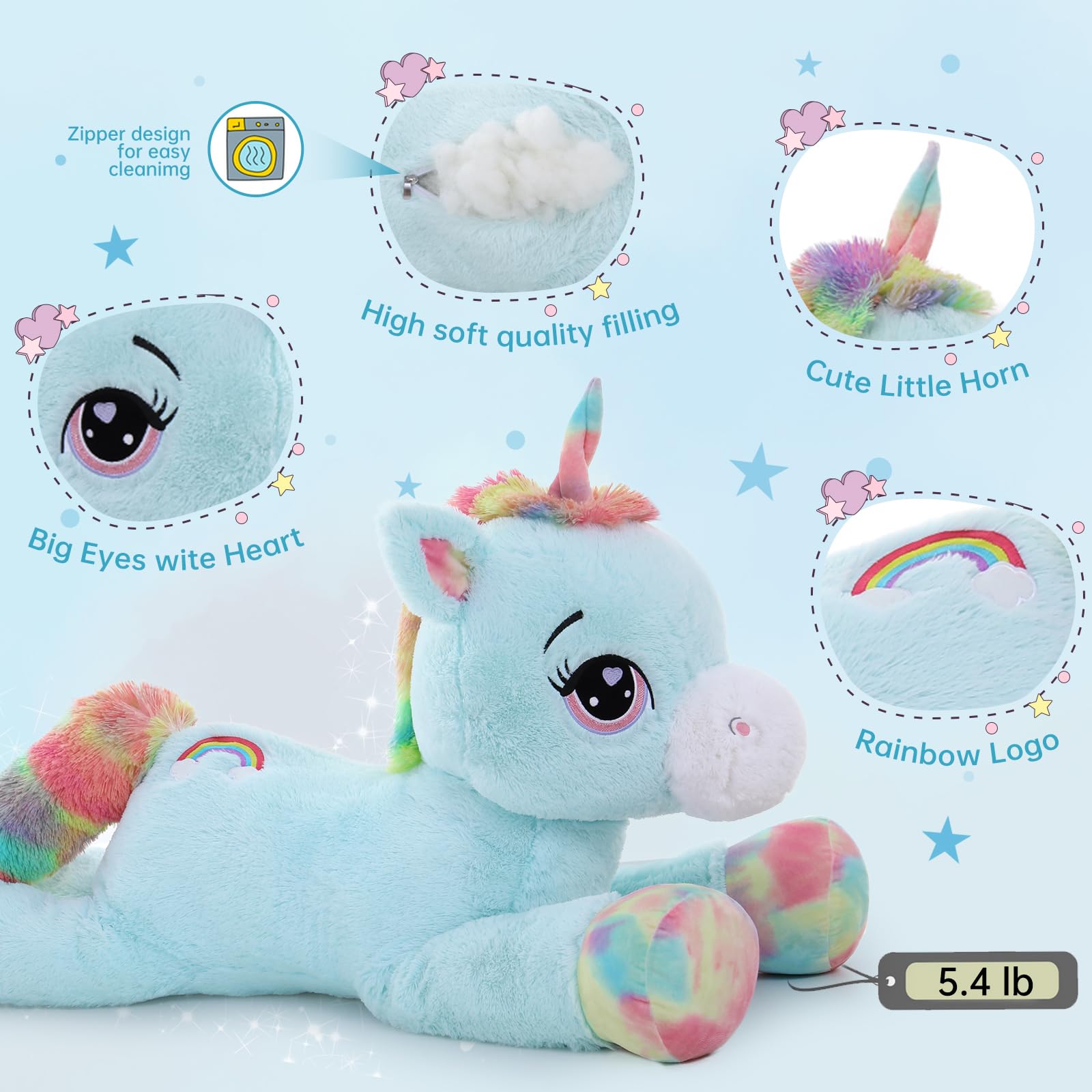 Muiteiur 43inch Large Unicorn Stuffed Animal, 5.4lbs Giant Unicorn Plush Hugging Pillow, Big Fat Blue Stuffed Unicorn Plush Toy Gift for Girls Boys