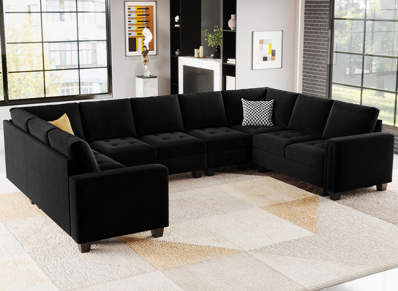 Belffin Oversized Velvet Modular 9 Seater U-Shape Sectional Sofa Set with Chaise Convertible sectional Sofa Couch Set Modular Couch Corner U Shaped Sectoional Sofa Black