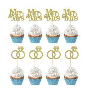 shuanq mr & mrs cupcake topper - gold glitter wedding cupcake toppers - engagement/bridal shower/anniversary cupcake picks, 24pcs