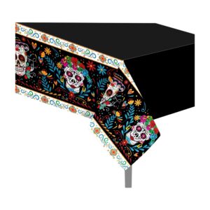 1 pieces day of the dead party plastic tablecloth 54 x 87 inch colorful skull long rectangular table cover for buffet, fiesta flowers party holiday dinner, picnic tablecloth for kitchen event use