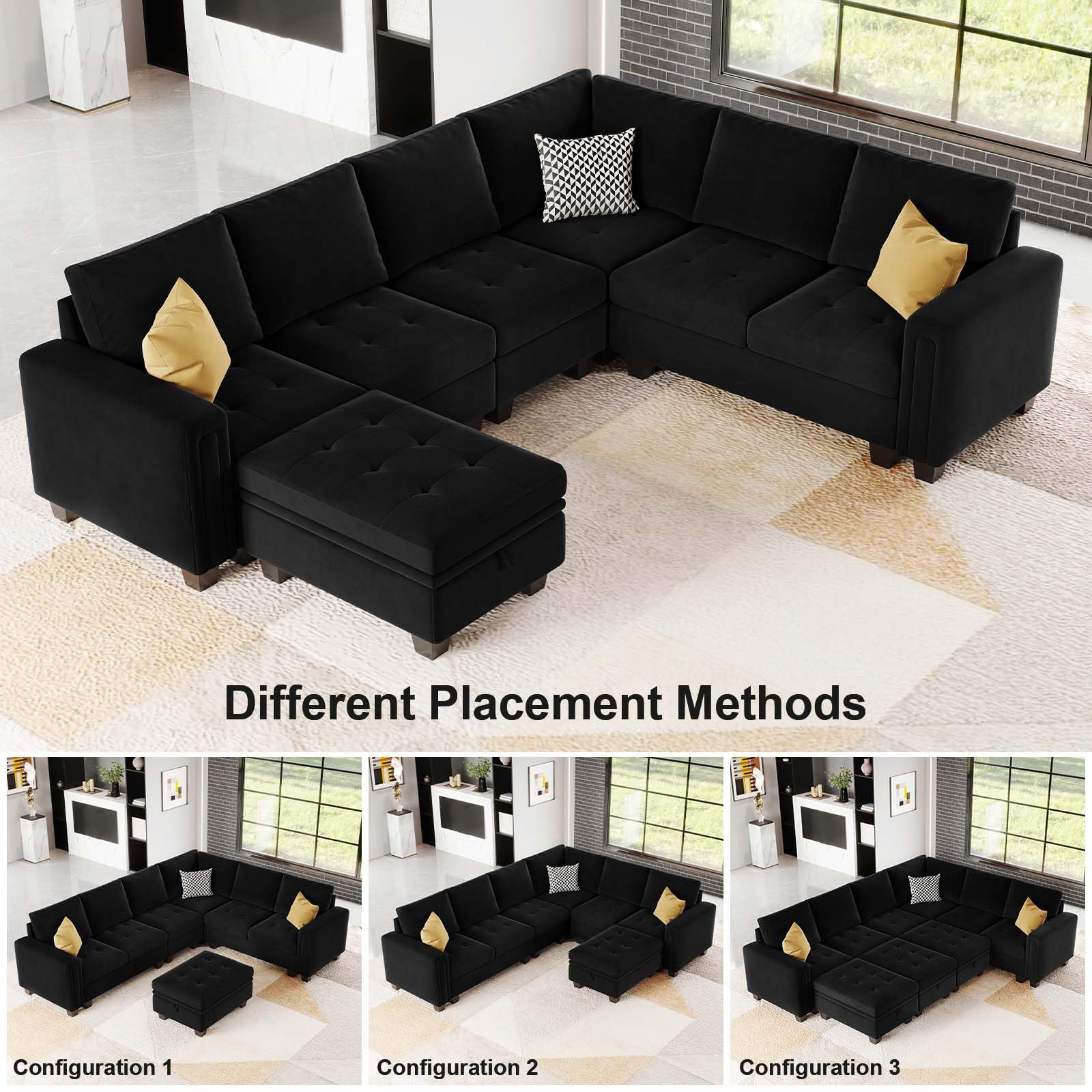 Belffin Velvet Modular Sectional Sofa with Storage Ottoman 6 Seater L Shaped Sectional Modular Sofa Couch with Reversible Chaise Convertible Corner Sectional Couch Black