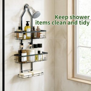 Fixwal Shower Caddy Hanging Over Shower Head, Height Adjustable Bathroom Black Rustproof Shower Organizer Hanging Shelf Storage with 2 Soap Holders, Hooks for Towels, Sponge, Razor