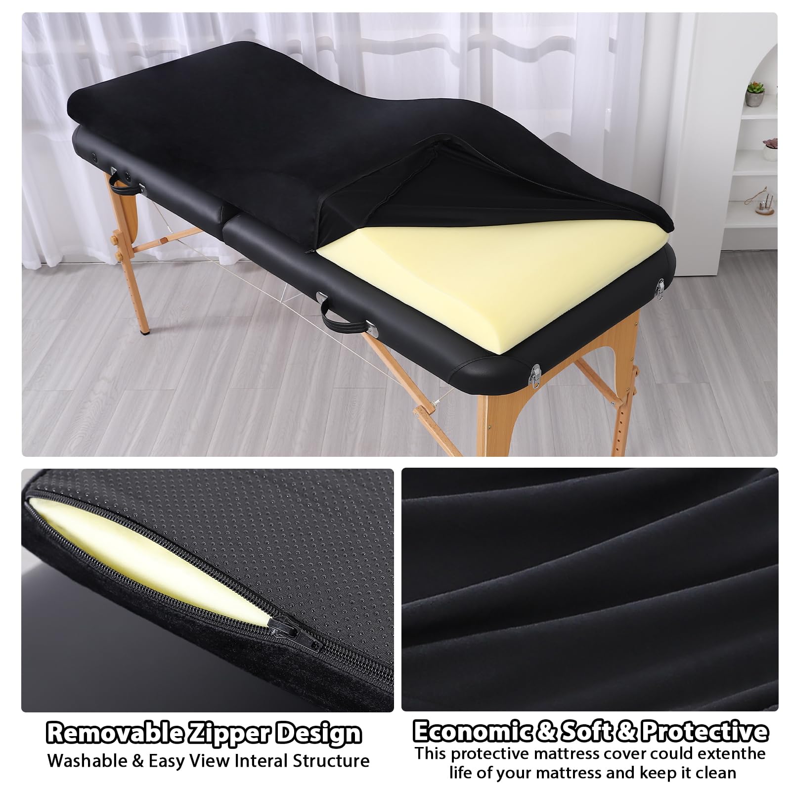 PRASNE Luxurious Curved Lash Bed Topper & Bed Cover - Ergonomic Massage Bed FoamTopper Wave Mattress Support The Body 30D High Density Foam with Salon Bed Cover - Black