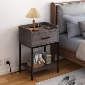 Fixwal Night Stand with Charging Station, Bed Side Table with Storage Drawer, End Table with USB-Ports and Outlets, Rustic Grey