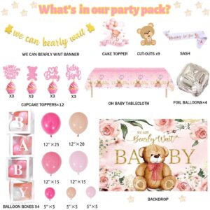 132 PCs Teddy Bear Baby Shower Decorations for Girl, Hombae Pink We Can Bearly Wait Baby Shower Decorations Backdrop Balloon Garland Glitter Banner Tablecloth Cake Cupcake Topper Box Cutout Sash