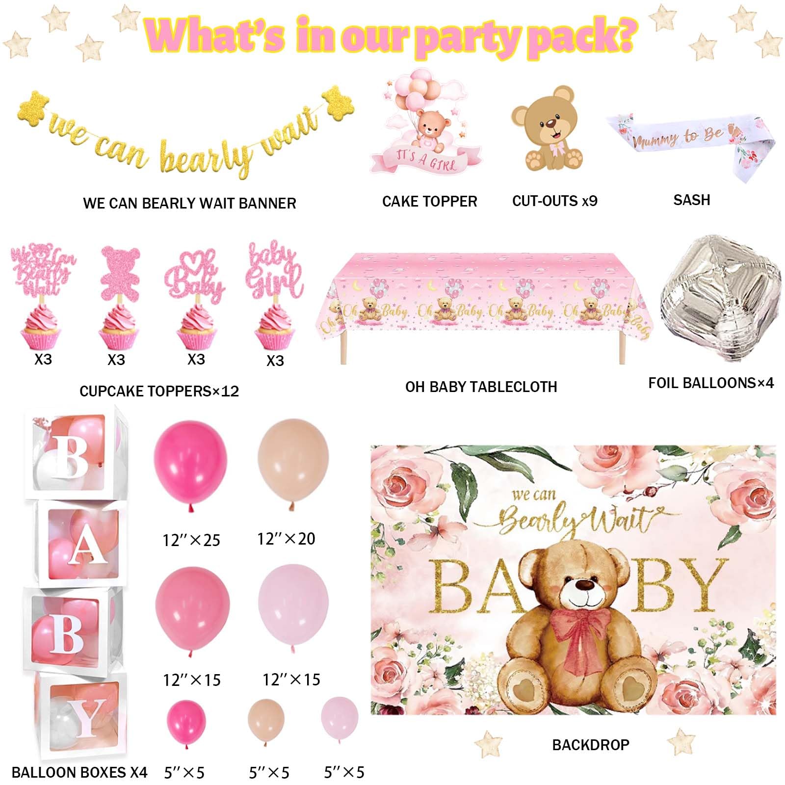 132 PCs Teddy Bear Baby Shower Decorations for Girl, Hombae Pink We Can Bearly Wait Baby Shower Decorations Backdrop Balloon Garland Glitter Banner Tablecloth Cake Cupcake Topper Box Cutout Sash