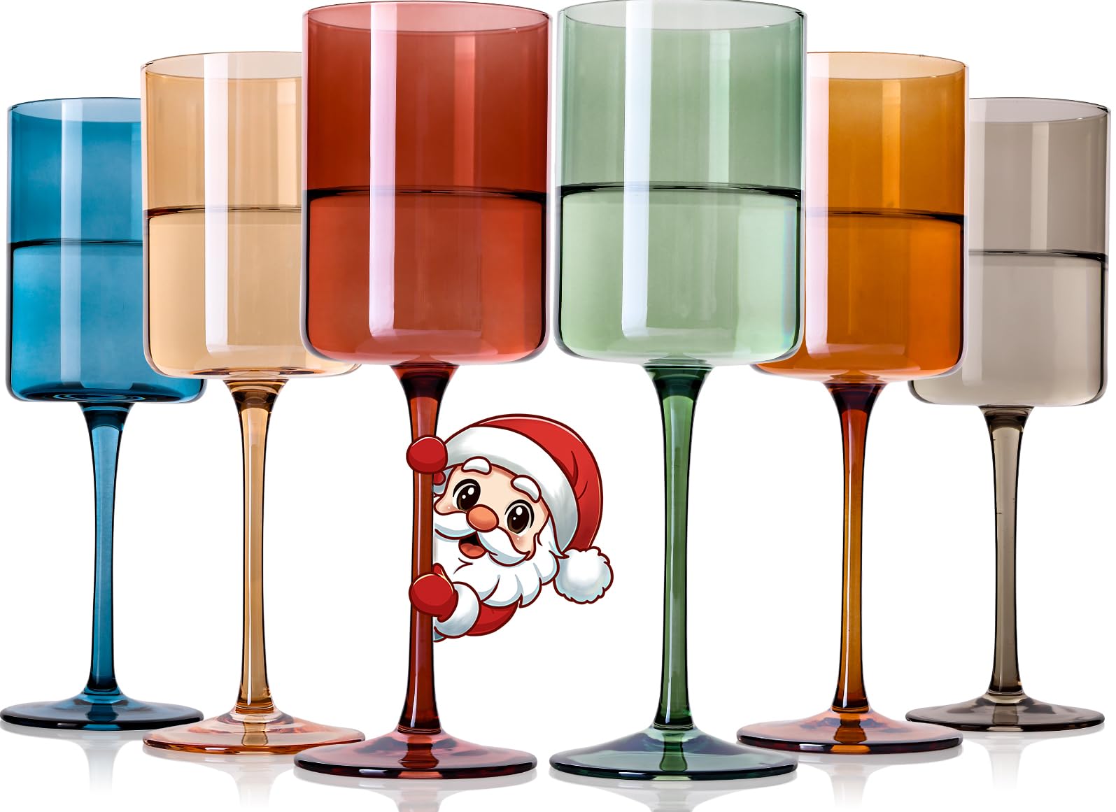 Colored Wine Glasses Set 6-14oz Multi Colored Square Wine Glasses with Tall Long Stems, Hand Blown Crystal Colorful Wine Glasses, Unique Wine Glasses for Christmas Thanksgiving