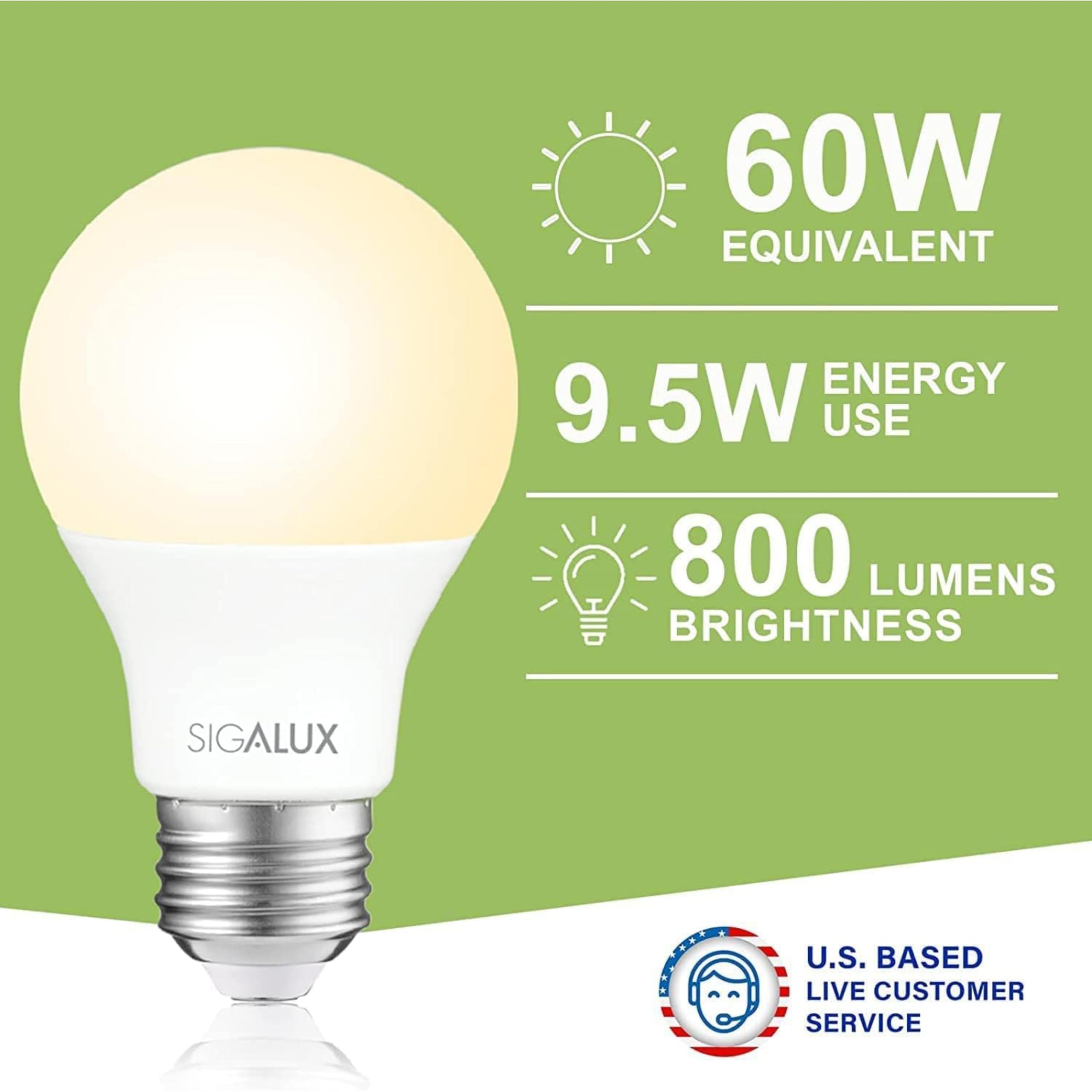 Sigalux LED Light Bulbs 60 Watt Equivalent A19 Standard Light Bulbs 2700K Warm, Non-Dimmable Energy Efficient 9.5W LED Soft White Bulb with E26 Medium Base, 800 Lumens, UL Listed, 4 Packs