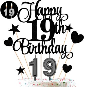 19th birthday cake decorations set include 19th birthday candles numeral 19 cake candles and happy 19th birthday cake toppers with heart star cupcake picks for birthday party (black series)