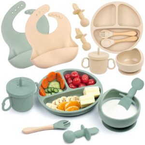 silicone baby feeding set, 18pcs baby led weaning supplies, includes baby suction bowls and plates, silicone baby bibs, silicone baby cup, silicone baby spoons and forks (beige & olive-green)