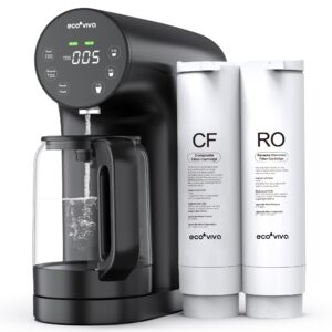 ecoviva countertop reverse osmosis system ro water filter, 5-stage filtration, real-time tds monitor, 3:1 pure to drain, zero-installation portable water purifier (wp-ro-200g black), 4.3*12.1*12.1''