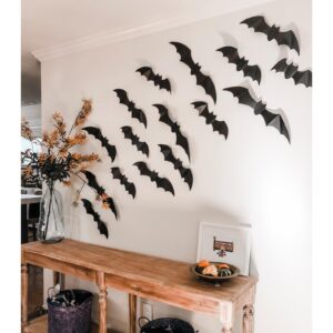 big size bat wall decor stickers, 124pcs indoor large bats halloween decorations, diy 3d gothic bats decor, pvc bat stickers for gothic house, hunted mansion, ghost house, goth decor