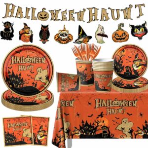 grehumor halloween vintage decorations tableware 142pcs johanna parker halloween themed party supplies retro ghost haunt pumpkin decor disposable tablecloth,plates,napkins,cups,forks and knives