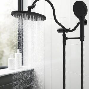 Hibbent Self-cleaning Shower Head, 10'' High Pressure Rainfall Shower Head, Showerhead Combo/Handheld Shower Head, 12'' Adjustable Curved Shower Extension Arm, 71'' Hose, 2 Shower Holders, Matte Black