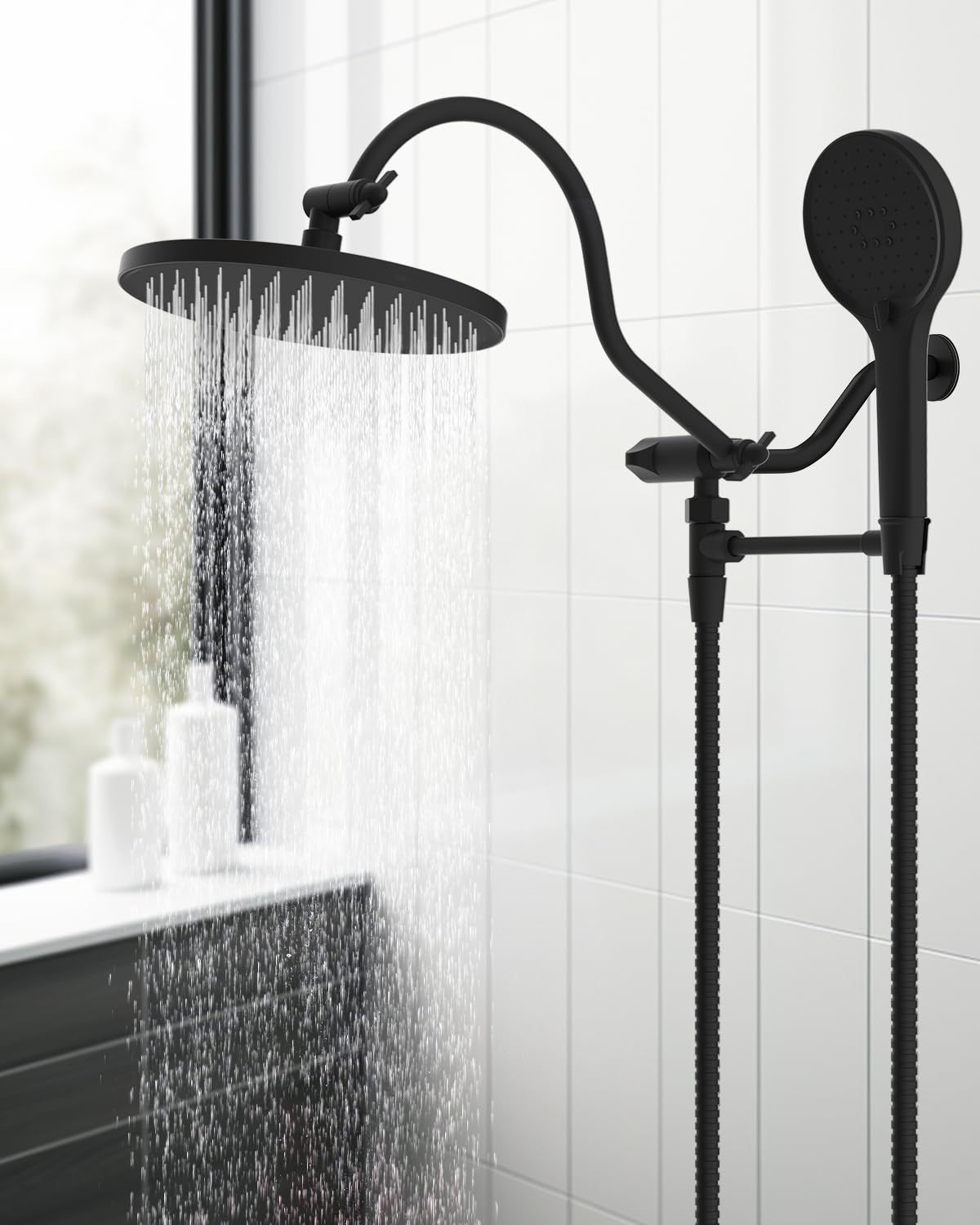 Hibbent Self-cleaning Shower Head, 10'' High Pressure Rainfall Shower Head, Showerhead Combo/Handheld Shower Head, 12'' Adjustable Curved Shower Extension Arm, 71'' Hose, 2 Shower Holders, Matte Black