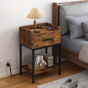 Fixwal Nightstand with Charging Station, Bedside Table with USB Ports and Outlets for Bed, 3-Tier End Table with Drawer Storage for Living Room Bedroom, Rustic Brown