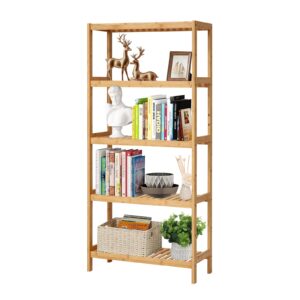 kinfant 5-tier bamboo bathroom shelf - bamboo bookcase storage shelving, tall book rack shelving unit, multifunctional adjustable display rack for home office bathroom kitchen living room