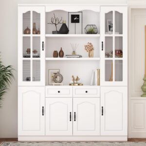 homsee tall bookcase bookshelf with shelves, drawers & 2 carved glass doors, wooden display storage cabinet with 14 compartments for home office, living room, white (63" w x 15.7”d x 78.7”h)