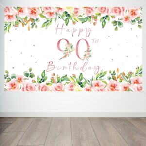 Crenics 90th Birthday Decorations for Women, Rose Gold Floral Happy 90th Birthday Banner Backdrop for Female 90 Birthday Party Supplies, 5.9 x 3.6 Ft