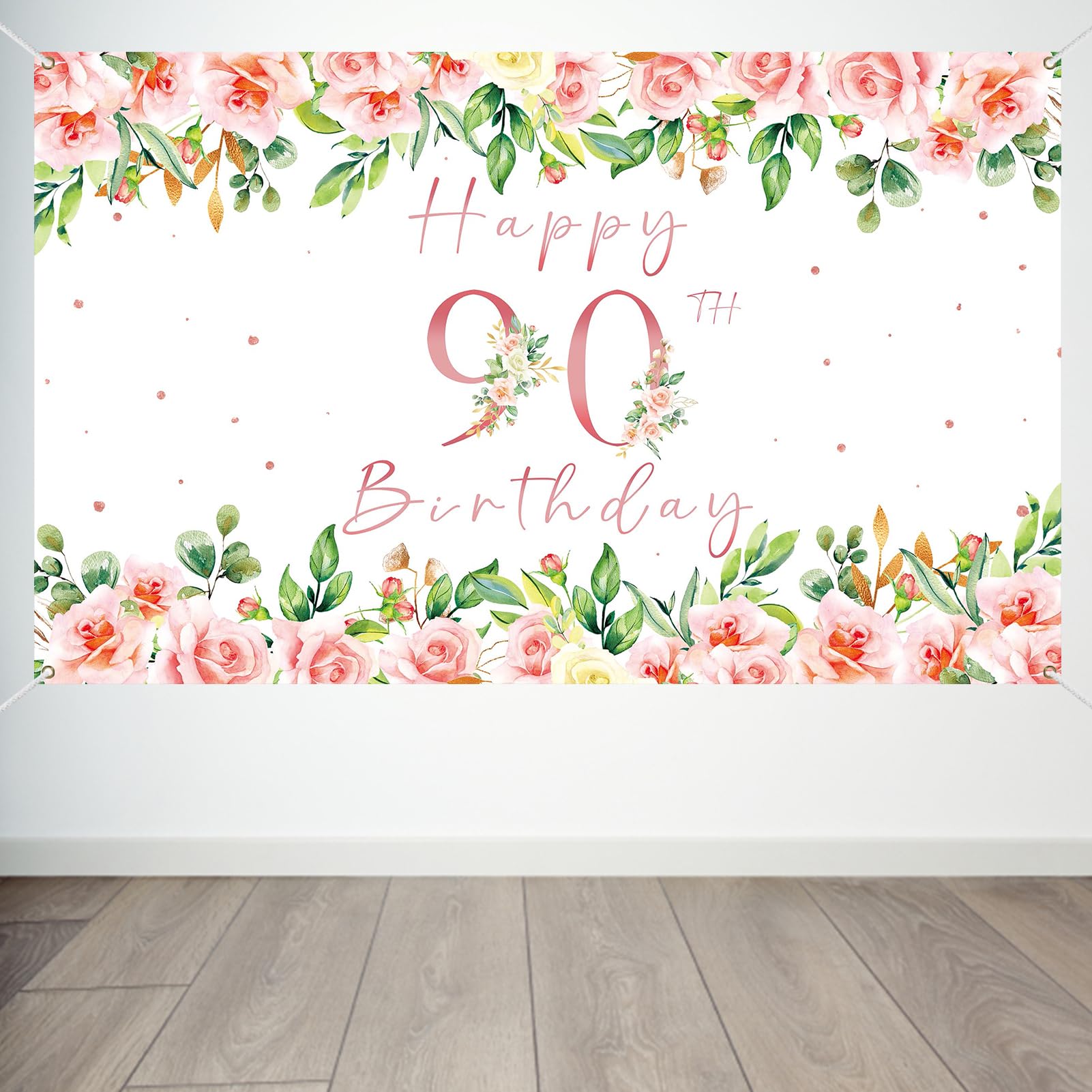 Crenics 90th Birthday Decorations for Women, Rose Gold Floral Happy 90th Birthday Banner Backdrop for Female 90 Birthday Party Supplies, 5.9 x 3.6 Ft