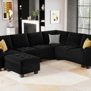 Belffin Velvet Modular Sectional Sofa with Storage Ottoman 6 Seater L Shaped Sectional Modular Sofa Couch with Reversible Chaise Convertible Corner Sectional Couch Black