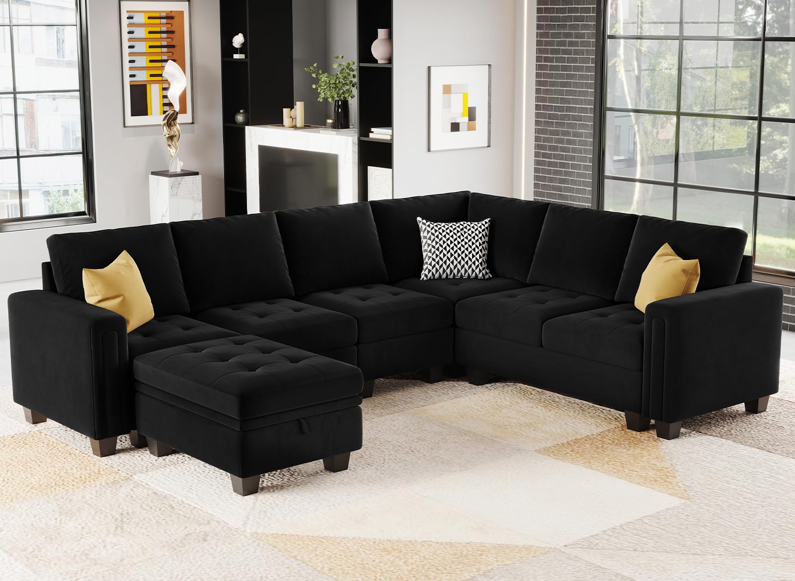 Belffin Velvet Modular Sectional Sofa with Storage Ottoman 6 Seater L Shaped Sectional Modular Sofa Couch with Reversible Chaise Convertible Corner Sectional Couch Black