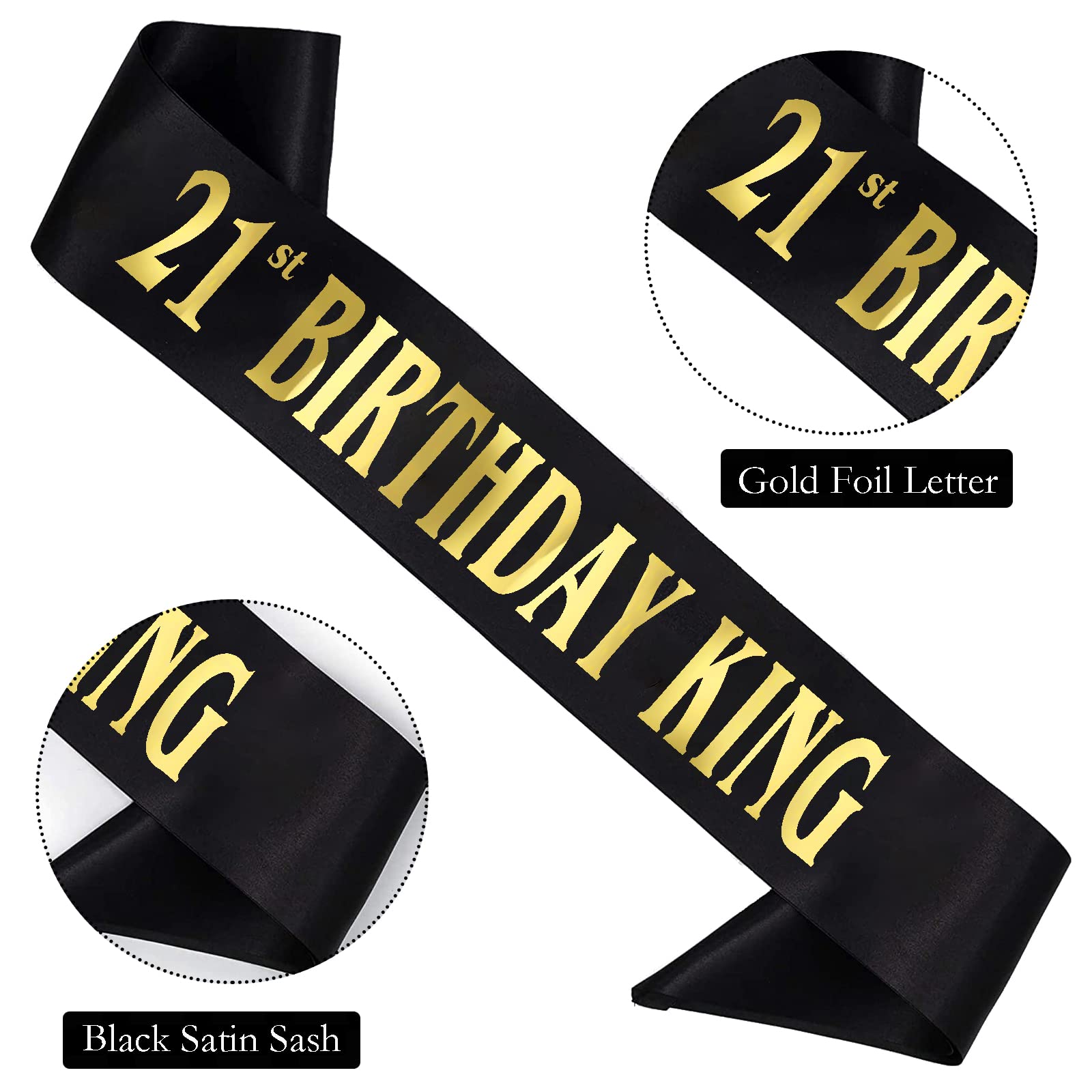 21st Birthday King Sash, Gold Foil Black Satin Birthday Sash for Men 21st Fabulous Birthday Party Gift Decorations Favors