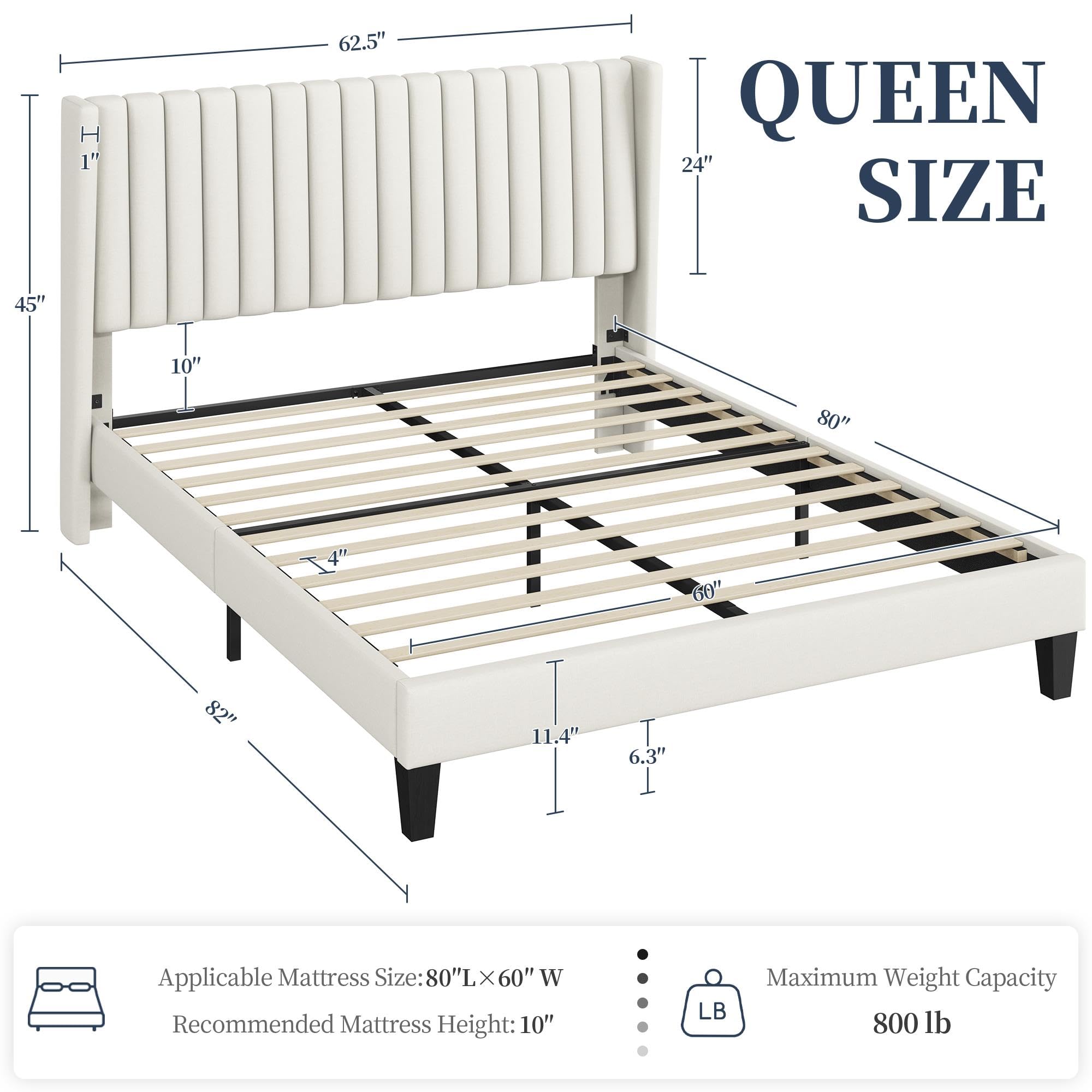 Yaheetech Queen Bed Frame Upholstered Platform Bed with Fabric Headboard, Wing Edge Design/Non-Slip and Noise-Free/Wooden Slats Support/No Box Spring Needed/Easy Assembly, Beige Queen Bed