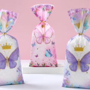 Purple Pink Butterfly Candy Bag - 100pcs Pink and Purple Gift Wrap Clear Gift Bags Candy Bags Cookie Bags Party Favor Bags for Bakery, Birthday, Wedding, Baby Shower Party Decoration