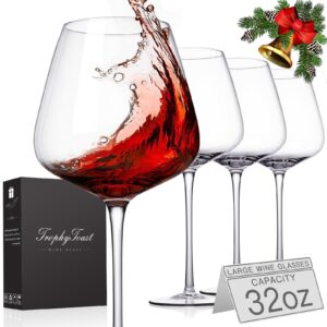 trophytoast extra large 32oz wine glasses set of 4 - hand blown red wine glasses with long stem - crystal giant burgundy red wine glasses clearer, thin, gift packaging for christmas,wedding,birthday