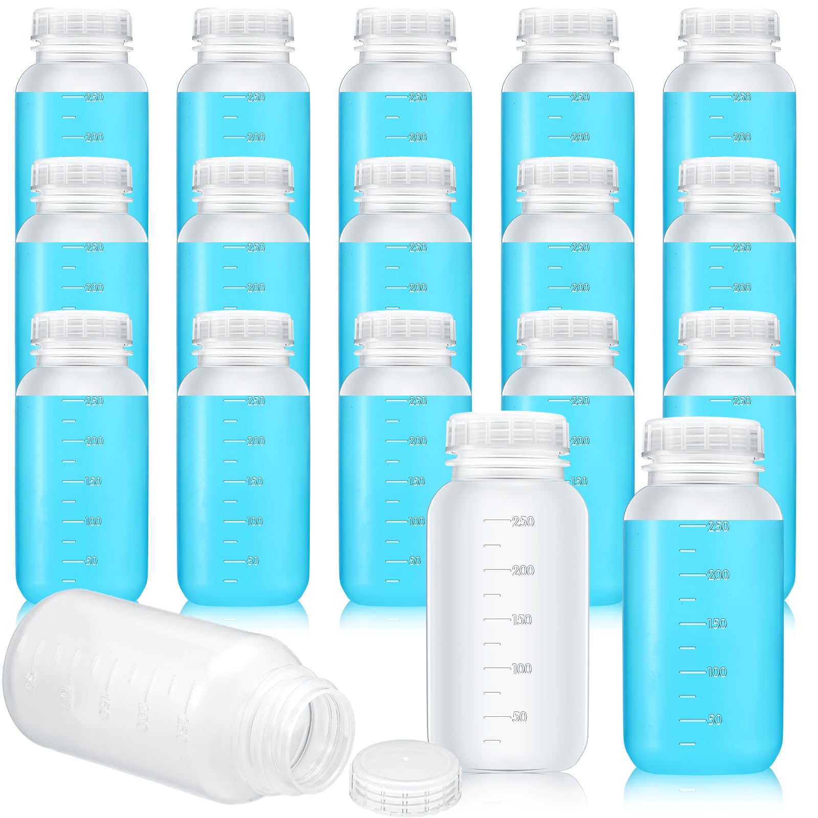 Nitial 18 Pack Laboratory Polypropylene Wide Mouth Reagent Bottle with Graduated Scale, Translucent Reusable Plastic Bottles with Caps for Classrooms, Storage at Home, or Laboratories (8 oz)