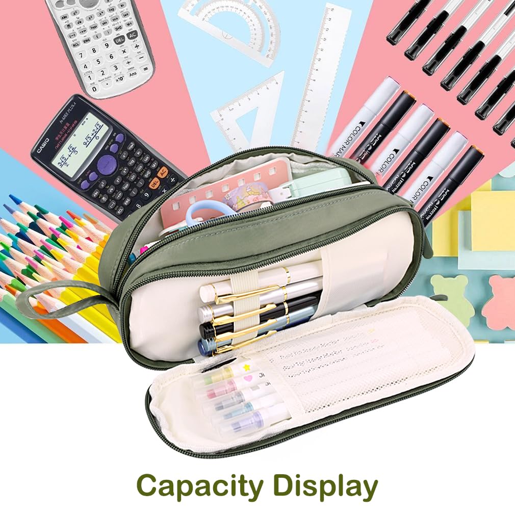 iSuperb 2 Compartments Pencil Case Zippered Pencil Pouch With Handle Big Large Capaciy Aesthetic Organizer Canvas & Nylon Pen Bag Handbag for Travel Office Stationary (Green)