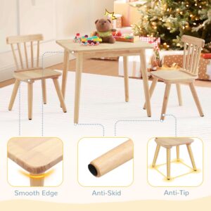 Curipeer Windsor Kids Table and 2 Chair Set, Rubberwood Toddler Table and Chair Set for Art, Play, Craft, Activity, Children Table with Non-Slip Legs/Round Edge Design, Natural Wood