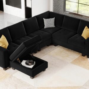 Belffin Velvet Modular Sectional Sofa with Storage Ottoman 6 Seater L Shaped Sectional Modular Sofa Couch with Reversible Chaise Convertible Corner Sectional Couch Black