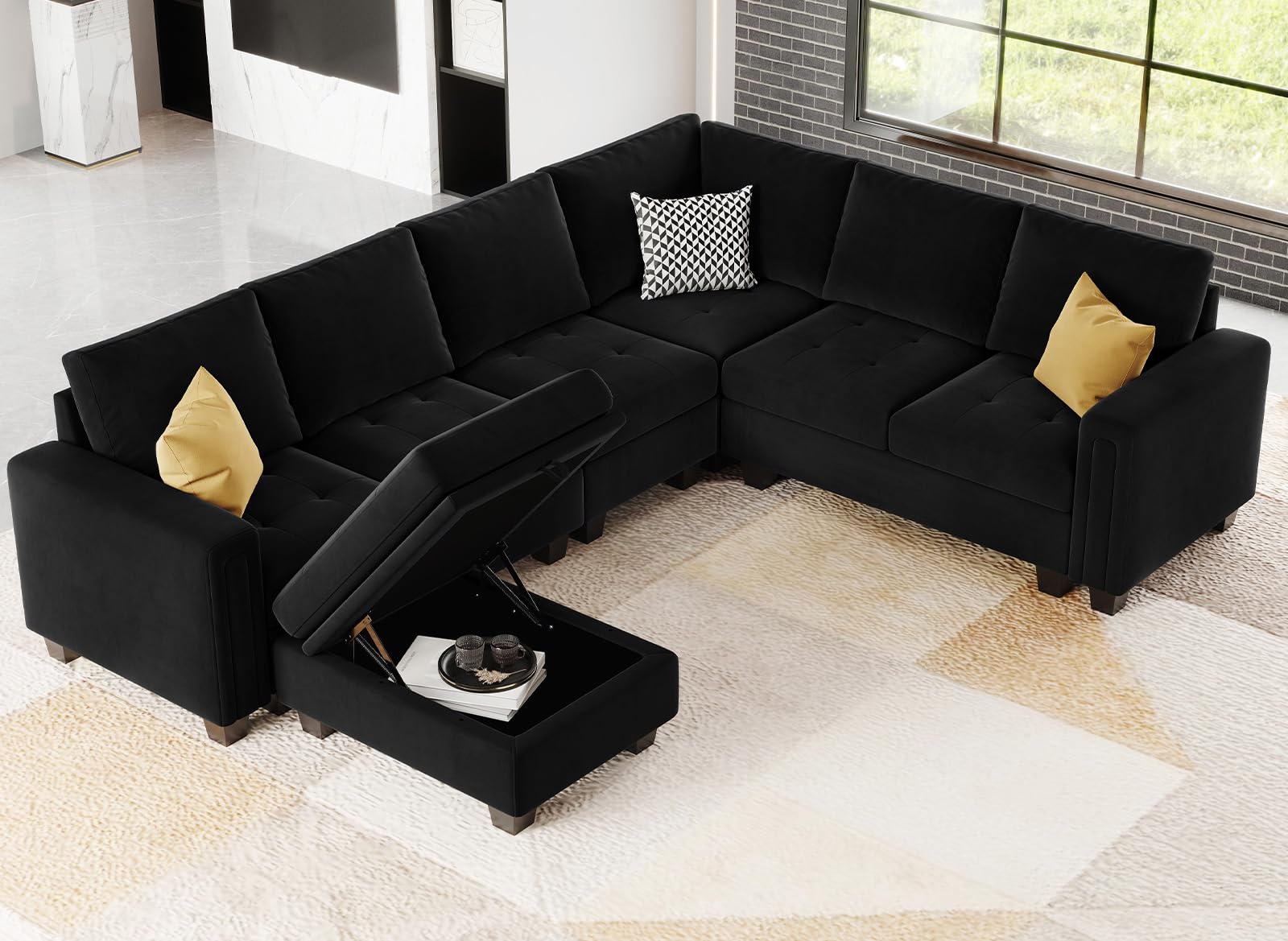 Belffin Velvet Modular Sectional Sofa with Storage Ottoman 6 Seater L Shaped Sectional Modular Sofa Couch with Reversible Chaise Convertible Corner Sectional Couch Black