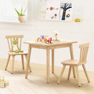 Curipeer Windsor Kids Table and 2 Chair Set, Rubberwood Toddler Table and Chair Set for Art, Play, Craft, Activity, Children Table with Non-Slip Legs/Round Edge Design, Natural Wood