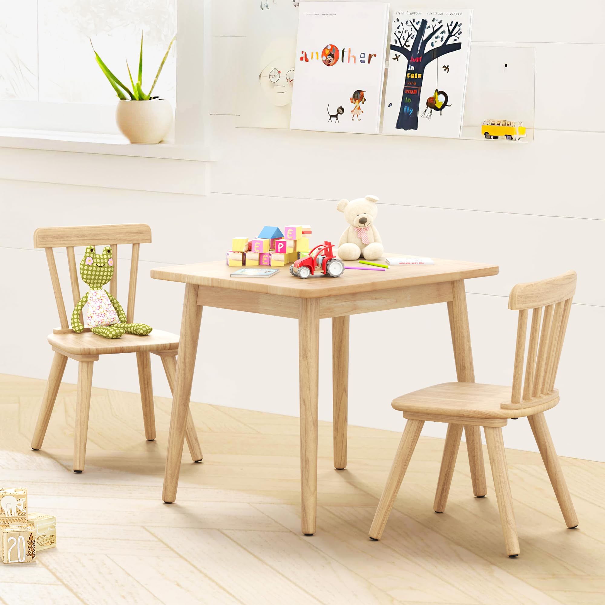 Curipeer Windsor Kids Table and 2 Chair Set, Rubberwood Toddler Table and Chair Set for Art, Play, Craft, Activity, Children Table with Non-Slip Legs/Round Edge Design, Natural Wood