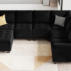 Belffin Velvet Modular Sectional Sofa with Storage Ottoman 6 Seater L Shaped Sectional Modular Sofa Couch with Reversible Chaise Convertible Corner Sectional Couch Black