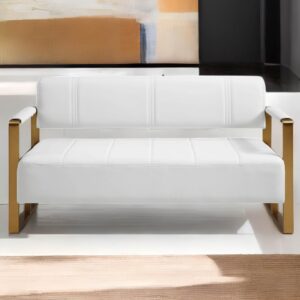 ridfy mid-century modern faux leather loveseat sofa with golden metal arms, 2 seat leather futon couch armchair for small spaces, living room, office, apartment (white)