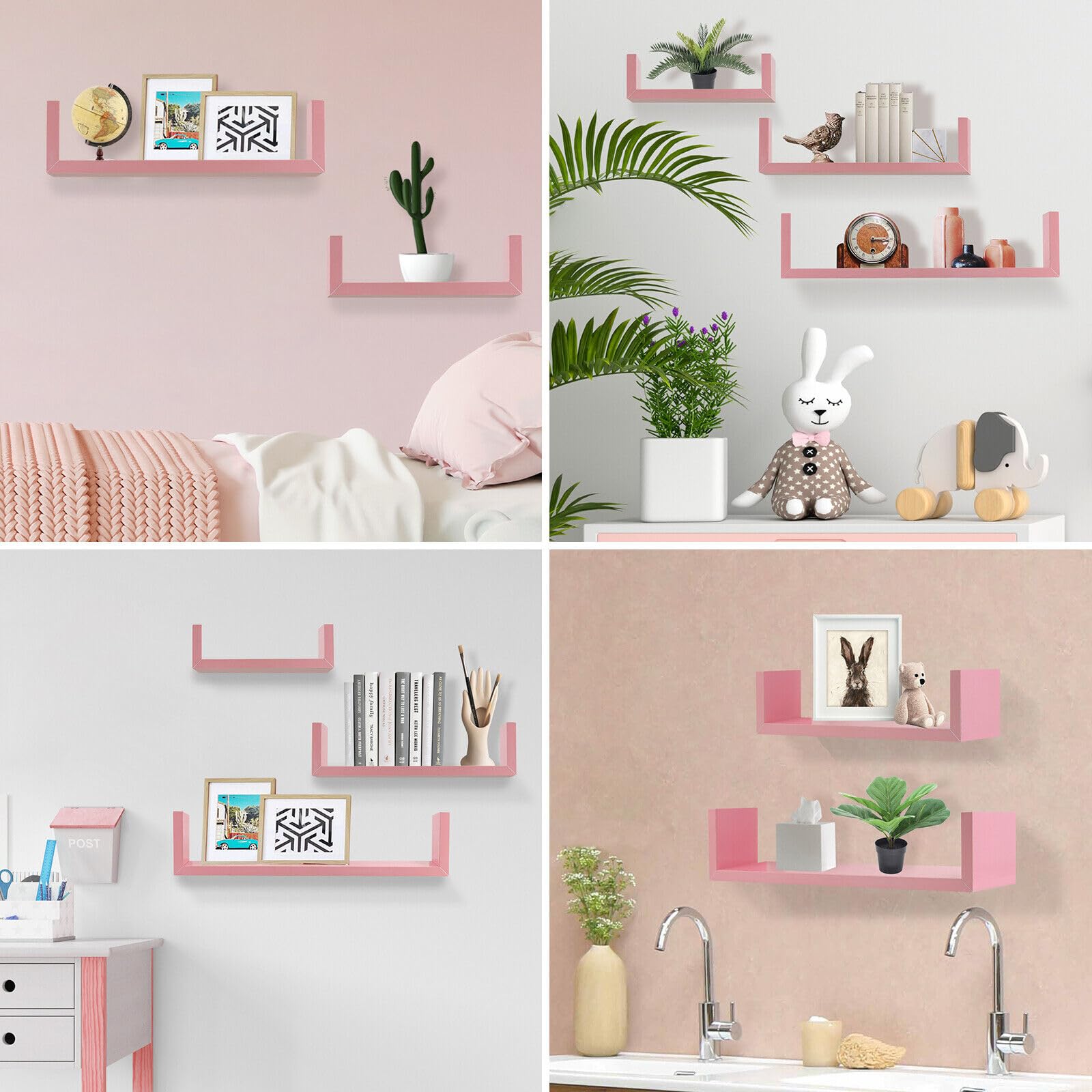 hawkrise Set of 3 U Shaped Floating Float Wall Mount Shelf Shelves Display for Small Objects Collectibles Trophies Photo Potted Plants Book (Pink)